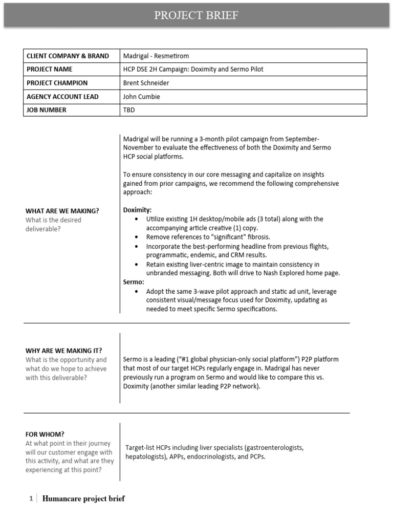 HCP DSE 2H Campaign - Doximity and Sermo Pilot - Project Brief - 7.12 | PDF | Business | Human ...