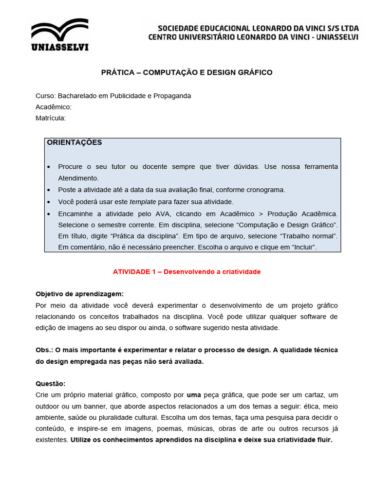 Roteiro de Atividade Prática Computação e Design Gráfico Ok | PDF ...