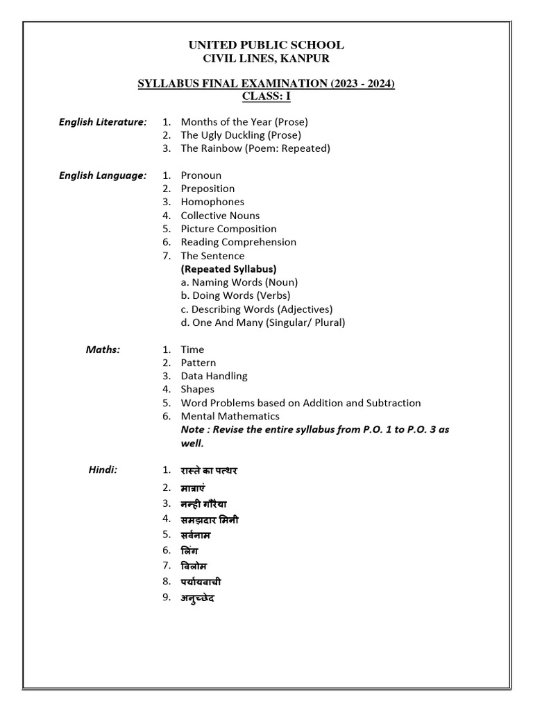 Class I Final Exam Syllabus 2023 24 Pdf