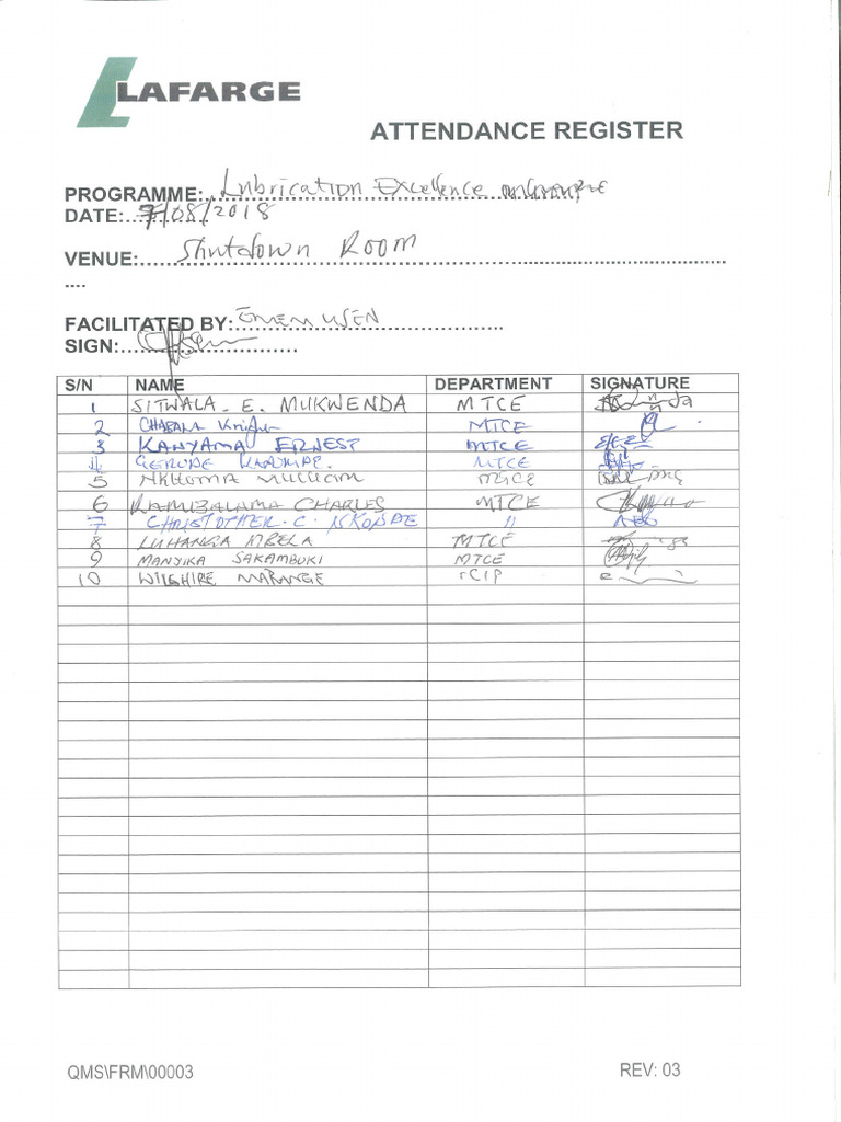 Lubrication Excellence Training Attendance | PDF