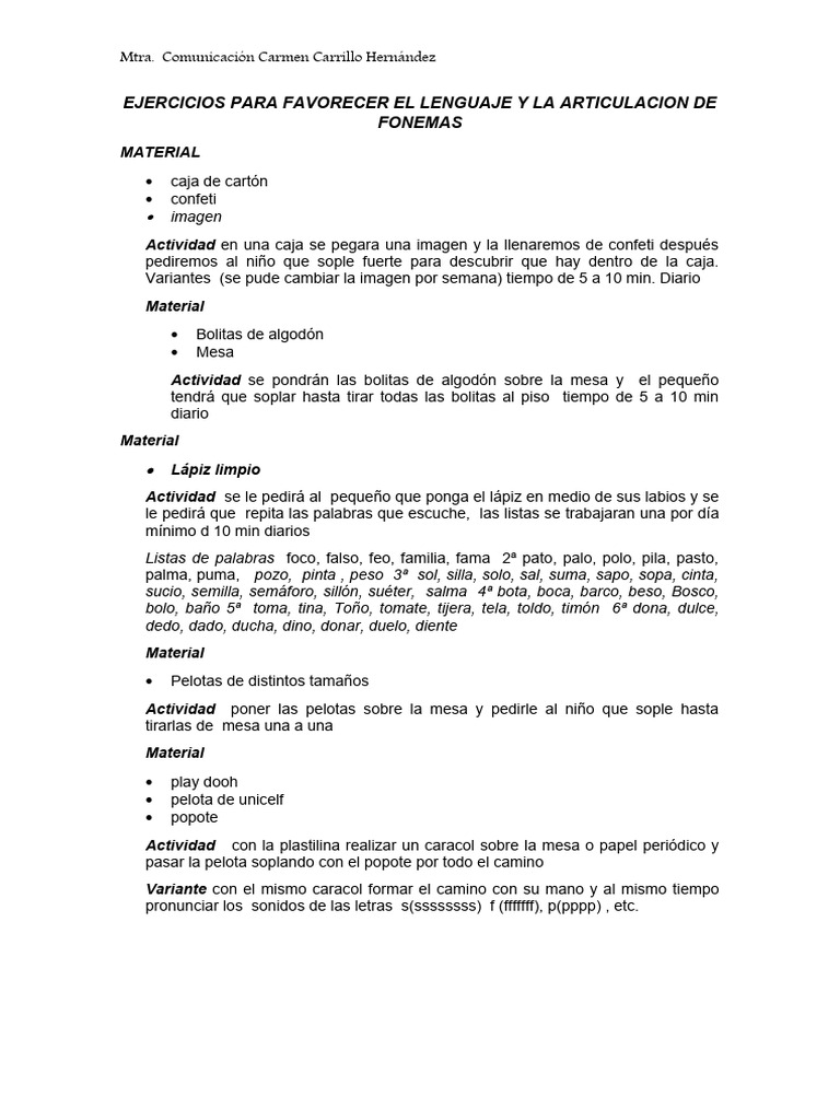 Ejercicios para Favorecer La Articulacion de Fonemas | PDF | Boca