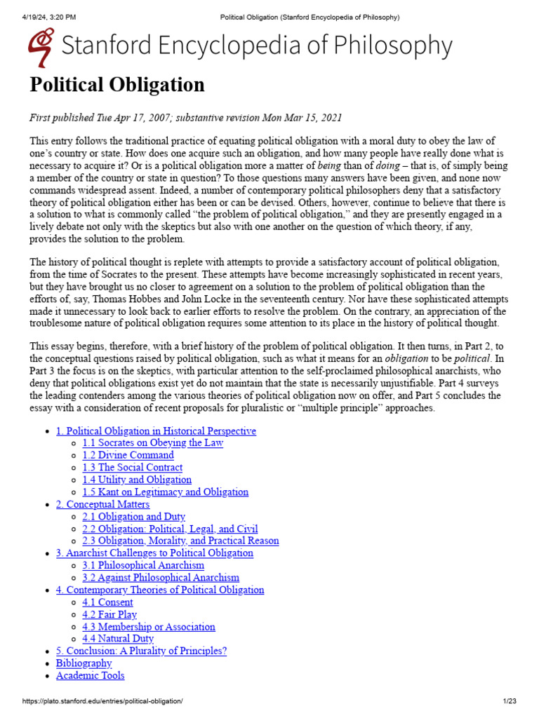 Political Obligation (Stanford Encyclopedia of Philosophy) | PDF ...