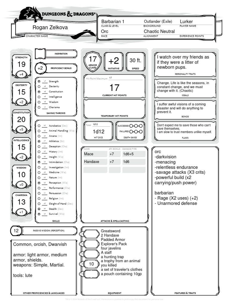 Orc Barbarian Character Sheet | PDF