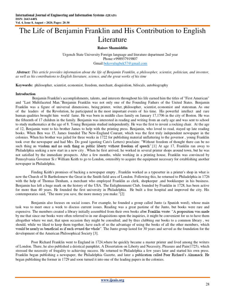 The Life of Benjamin Franklin and His Contribution To English ...