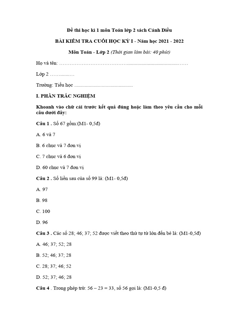 De Thi Hoc Ki 1 Lop 2 Mon Toan Canh Dieu de 2 | PDF