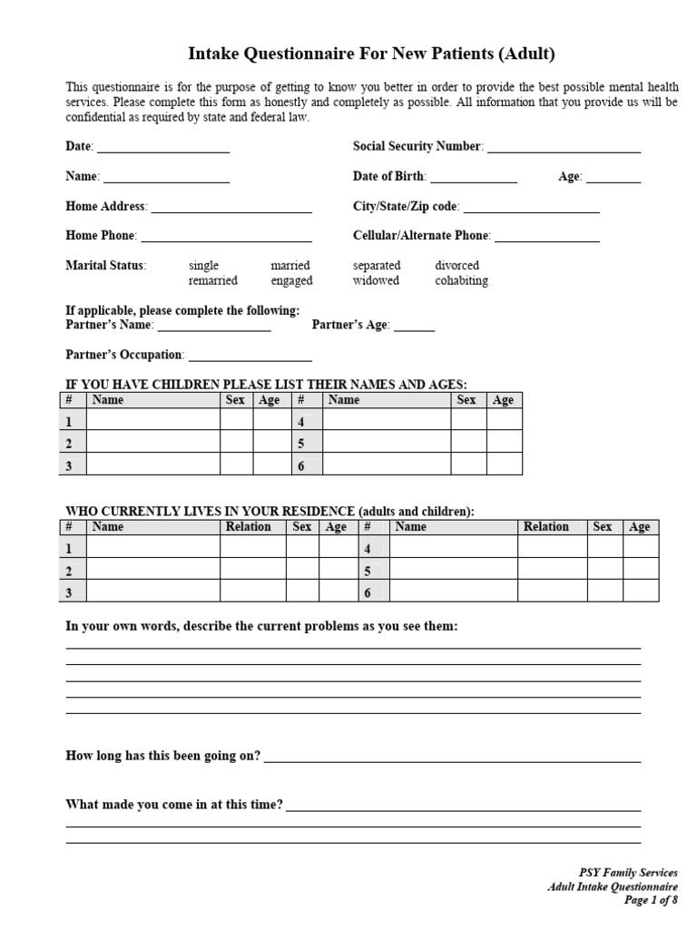 1 Intake Questionnaire Adult | PDF | Psychotherapy | Feeling