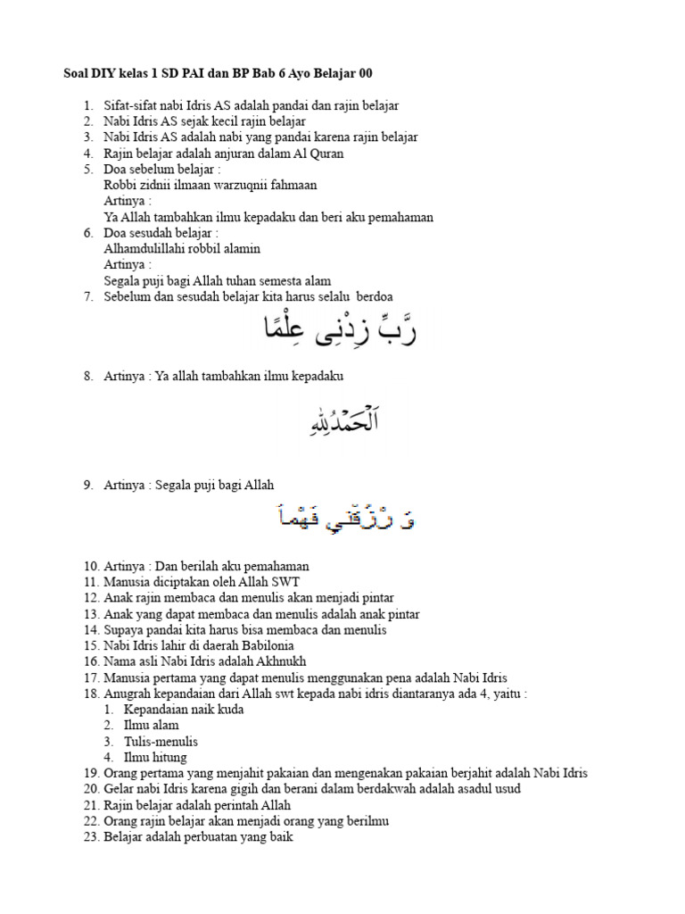 Soal DIY Kelas 1 SD PAI Dan BP Bab 6 Ayo Belajar 00 | PDF