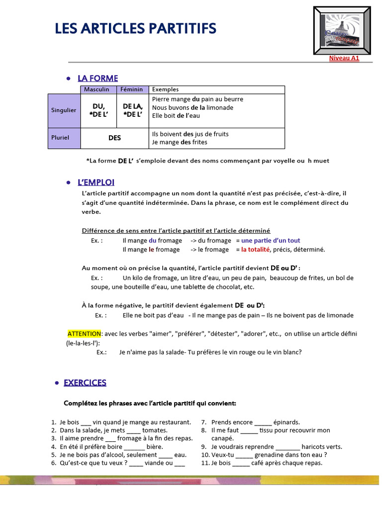 Articles Partitifs : Guide et Exercices | PDF | Vins | Chocolat