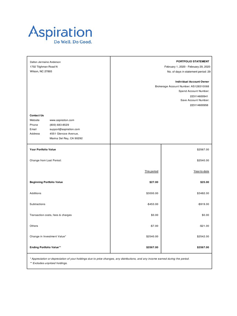 Aspiration Account Portfolio Statement | PDF | Banks | Federal Deposit ...