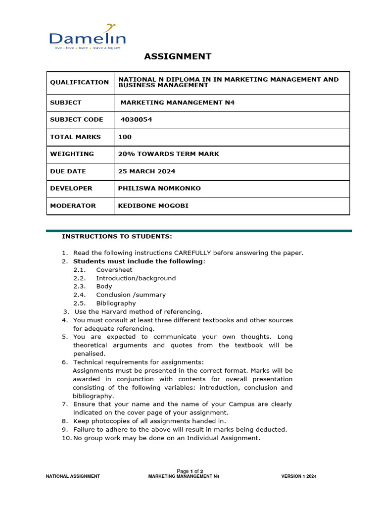 Marketing Management N4 Assignment Guide | PDF | Computer Programming