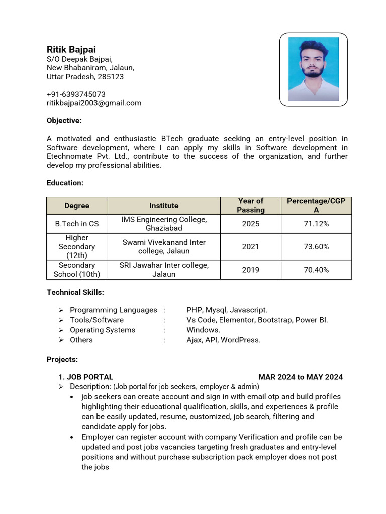 Resume Format B Tech. CSE Sample | PDF | Information Technology | Computing