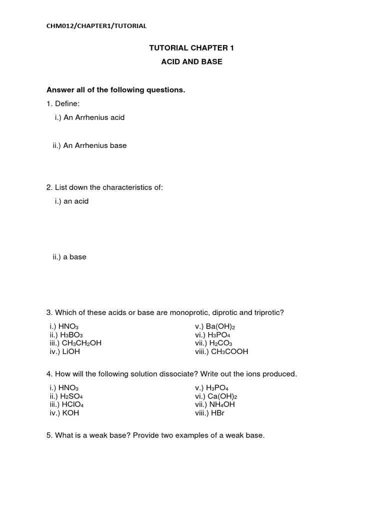 Tutorial Chapter 1 (Acid and Base).Docx | Download Free PDF | Acid | Hydroxide