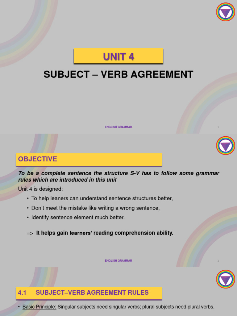 Unit 4 - SUBJECT - VERB AGREEMENT | PDF | English Grammar | Grammatical ...