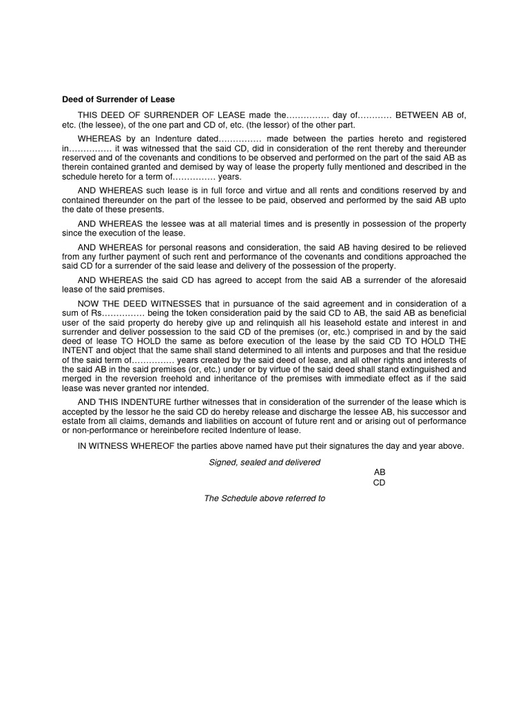 Deed of Surrender of Lease | PDF | Lease | Deed