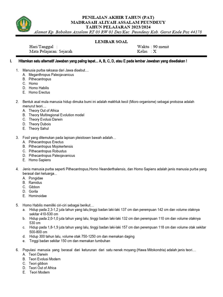 Soal PAT Sejarah Peminatan Kelas 10 2024 | PDF