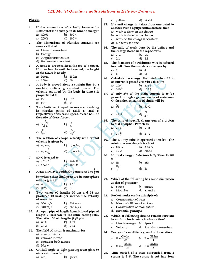 CEE Physics Model Questions & Solutions | PDF | Acid | Atoms