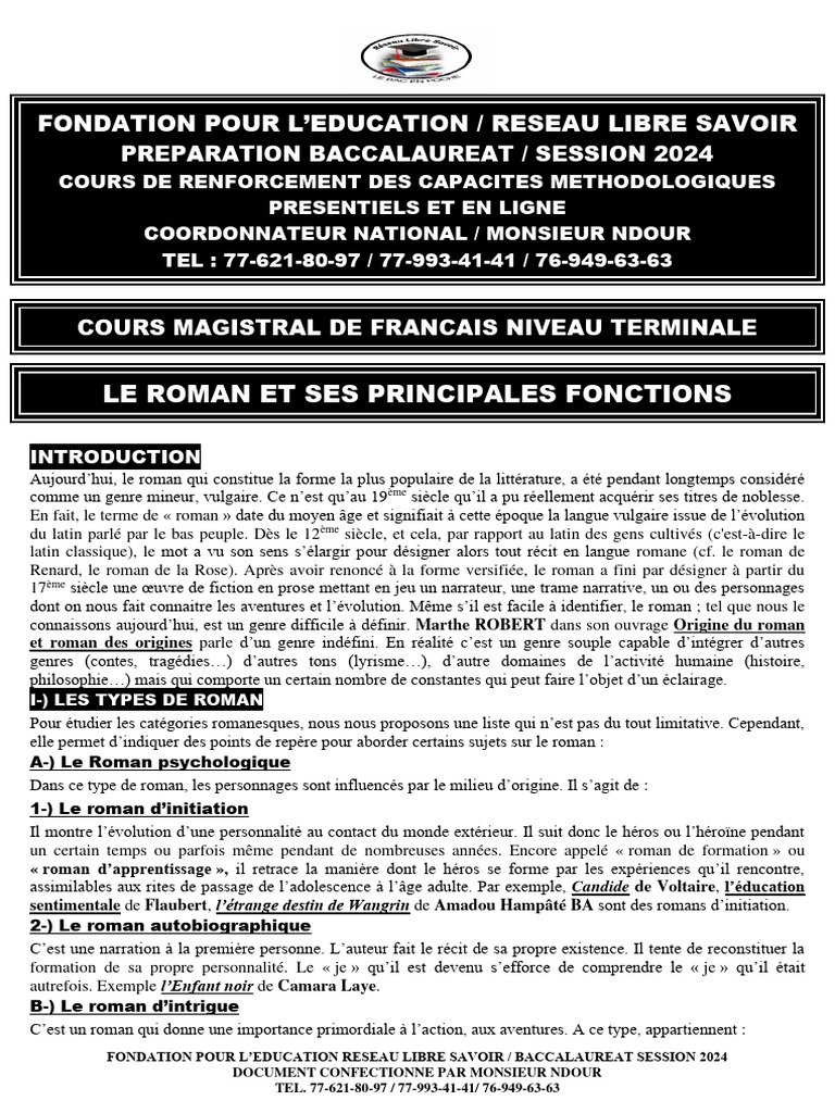 Les Fonctions du Roman en Terminale | PDF | Romans | Vérité