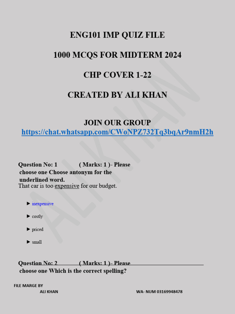Eng101quiz File For Midterm 2024 Created by Ak | PDF | Syntax | Grammar