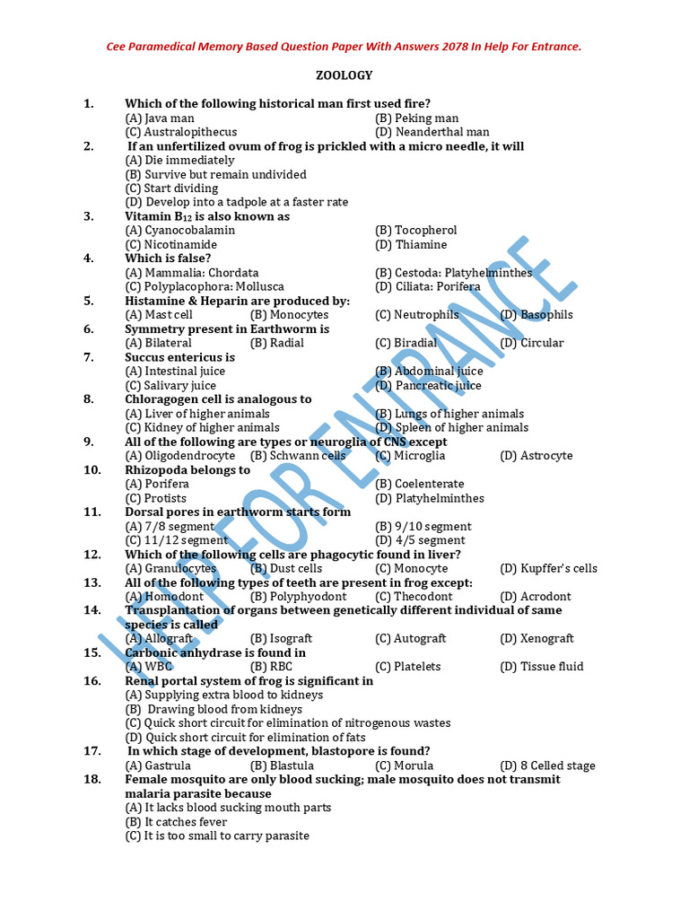 Cee Paramedical 2078 Memory Based Question Paper in Help For Entrance ...