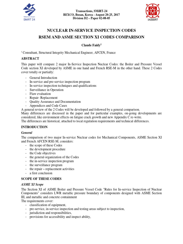 In-Service Inspection Codes Rsem and Asme Section Xi Codes Comparison ...