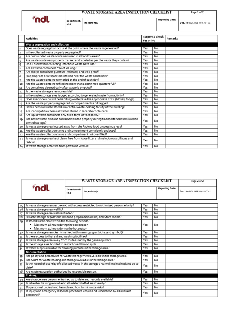 Waste Holding and Storage + Storage Area Checklist | PDF | Waste | Safety