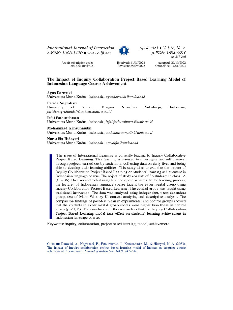 The Impact of Inquiry Collaboration Project Based Learning Model | PDF | Cronbach's Alpha ...