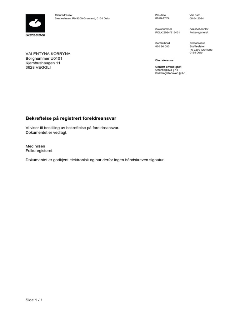Bekreftelse P Registrert Foreldreansvar | PDF