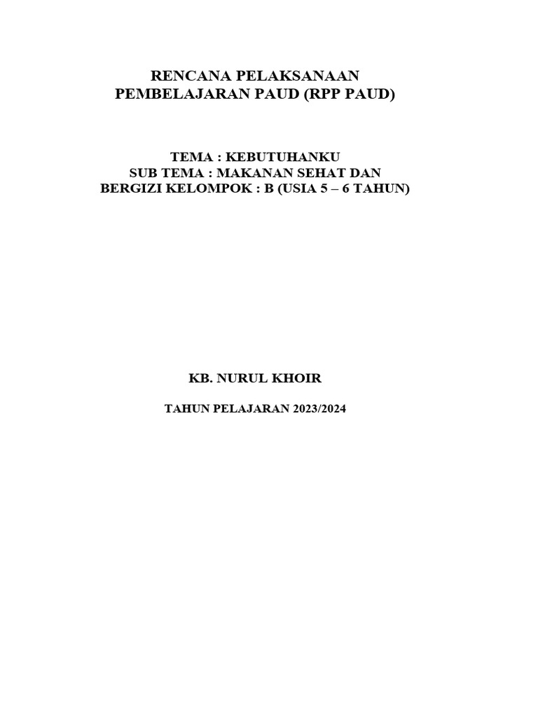 RPP PAUD: Makanan Sehat untuk Anak | PDF