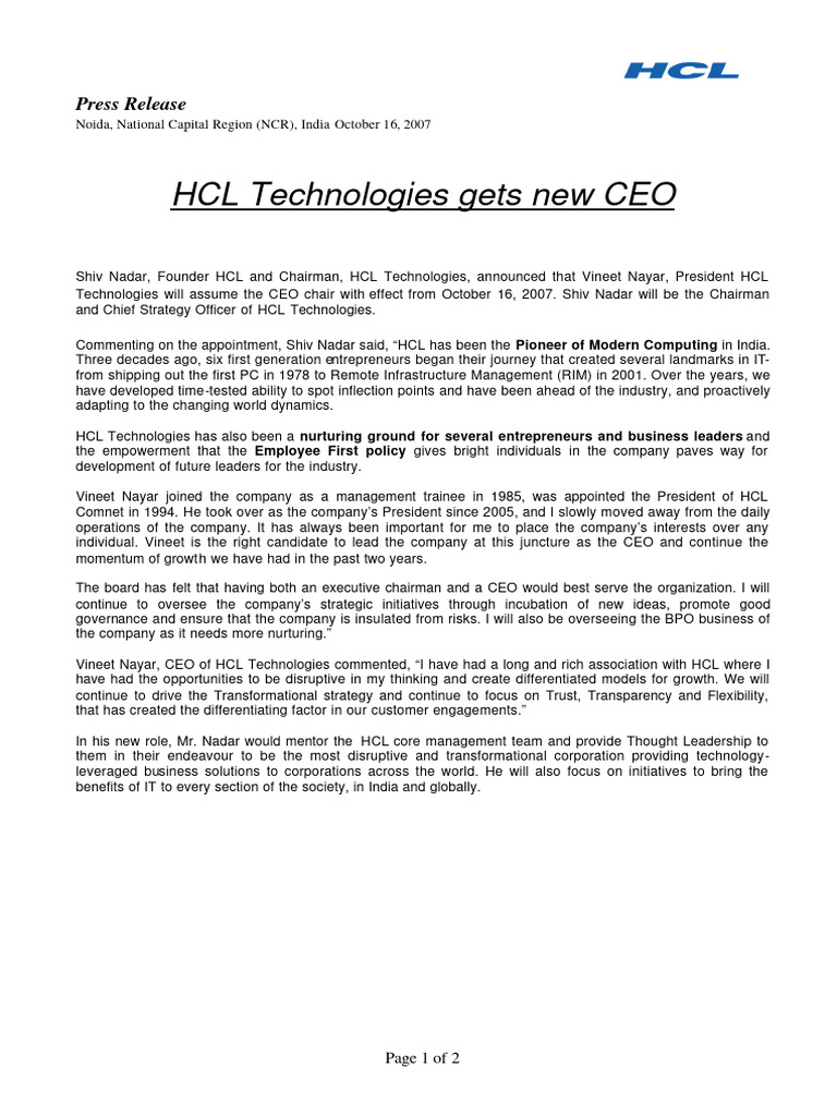 HCL Technologies Appoints New CEO | PDF | Outsourcing | Business