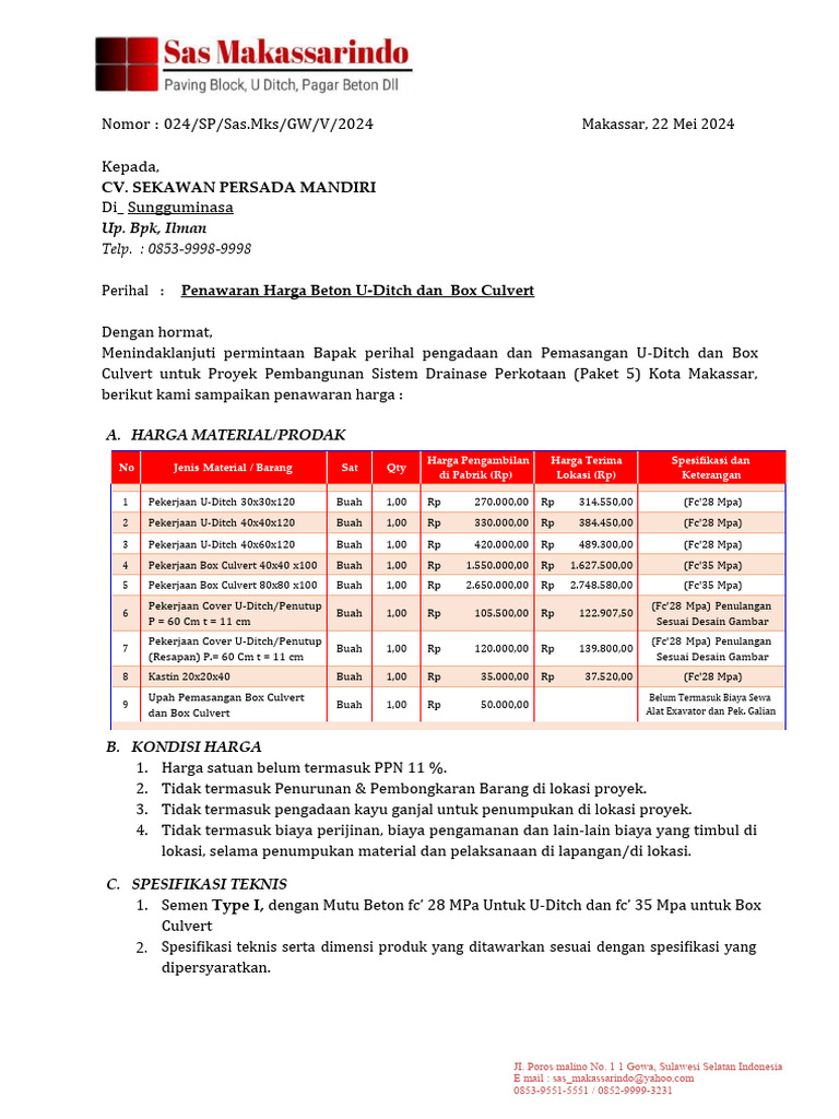 SPH U-Ditc Dan Box Culver CV. SAS Makassarindo Revisi | PDF