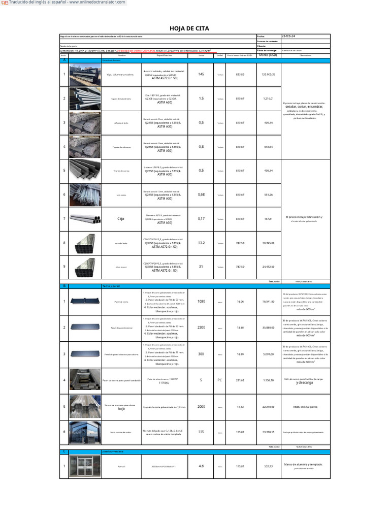 Quotation For 44.203m-21.506m-15.4m Warehouse - En.es | PDF | Tornillo