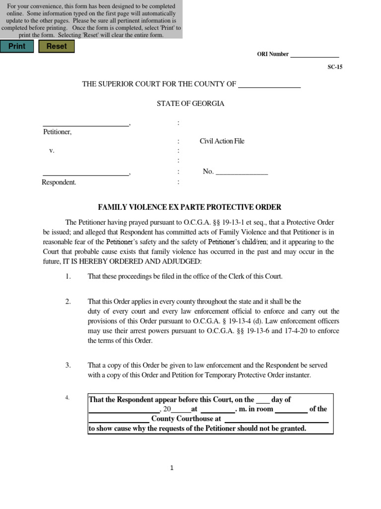 Family Violence Protective Order Georgia | PDF | Restraining Order ...