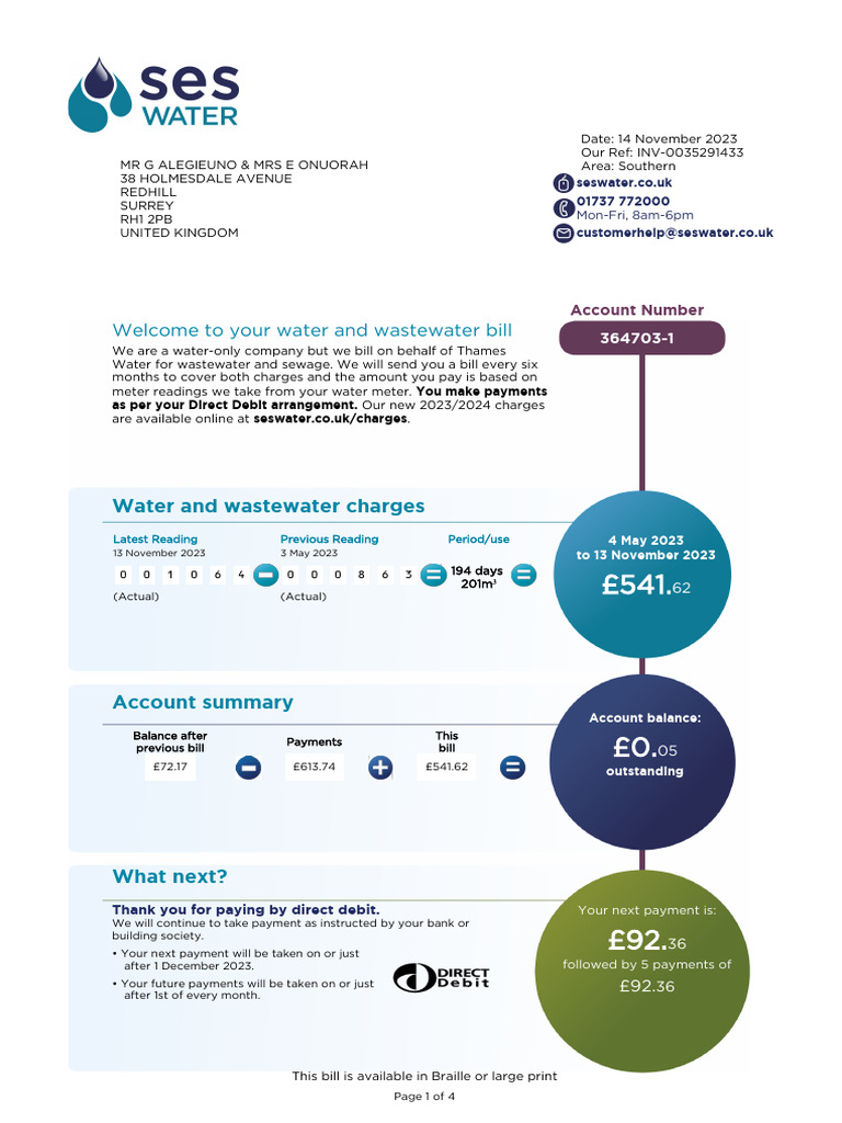 SES Water Bill - Nov 2023 | Download Free PDF | Water | Debit Card