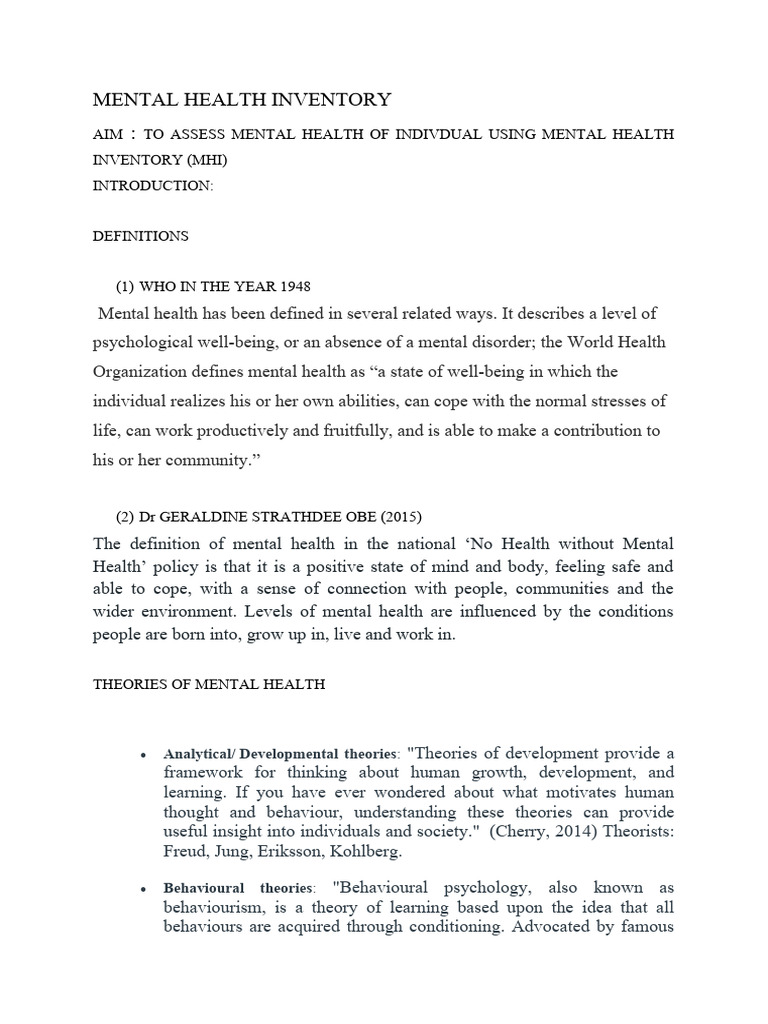 Mental Health Inventory Assessment Guide | PDF | Mental Disorder | Thought