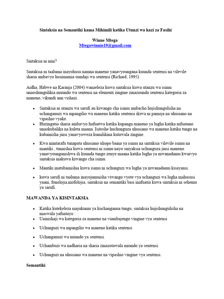 Semantiki Na Sintaksia Katika Fasihi | PDF