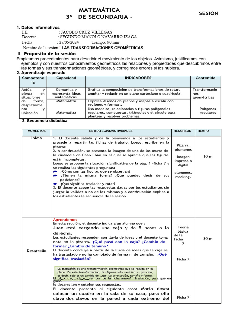 Sesion TRANSFORMACIONES GEOMETRICAS Sesion N 7 | PDF | Geometría | Rotación