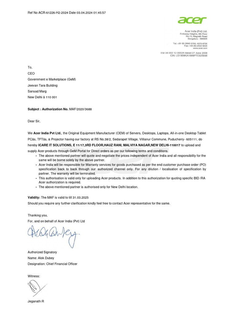 Acer Gem Authorization Letter 2024 Pdf Invoice