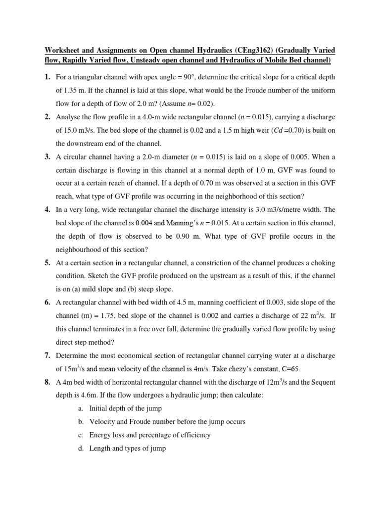 Worksheet and Assignments On Open Channel Hydraulics | PDF | Spillway | Hydrology