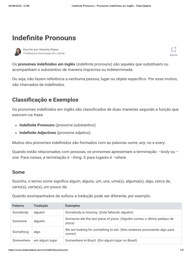 Indefinite Pronouns - Pronomes Indefinidos em Inglês - Toda Matéria III ...