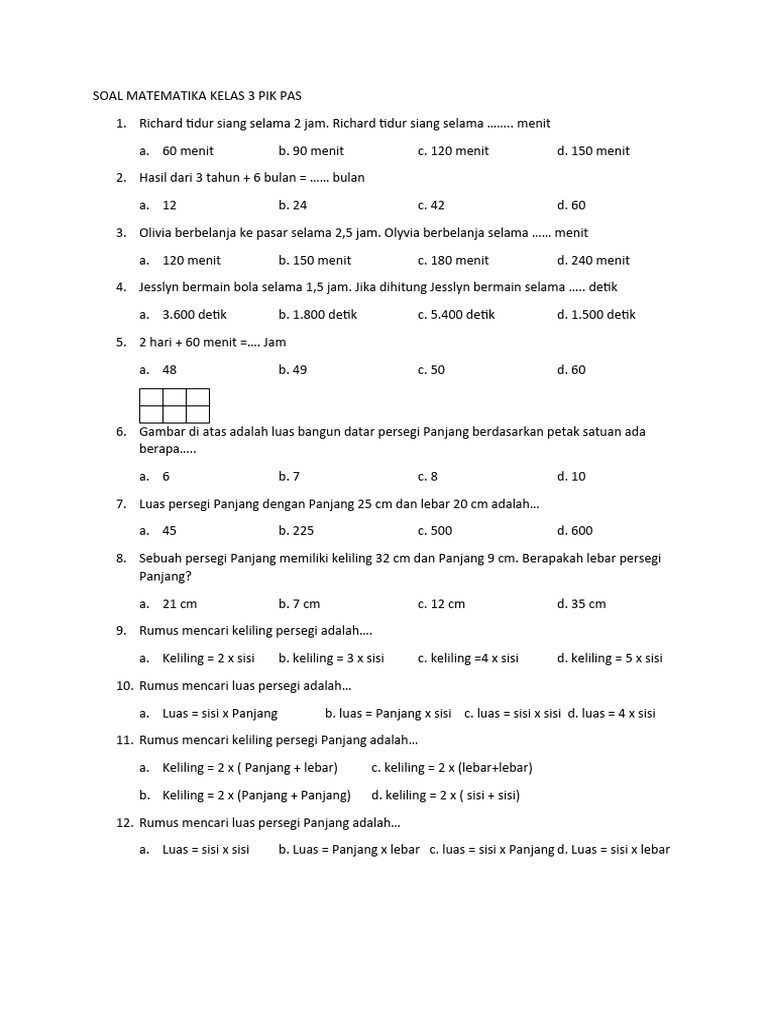 Soal Matematika Kelas 3 Pik Pas | PDF