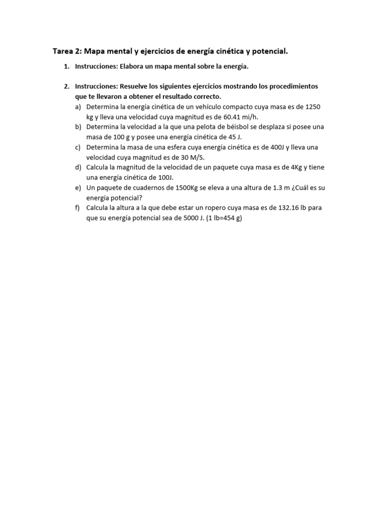 Tarea 2 Mapa Mental y Ejercicios de Energ-A | PDF | Energía cinética | Masa