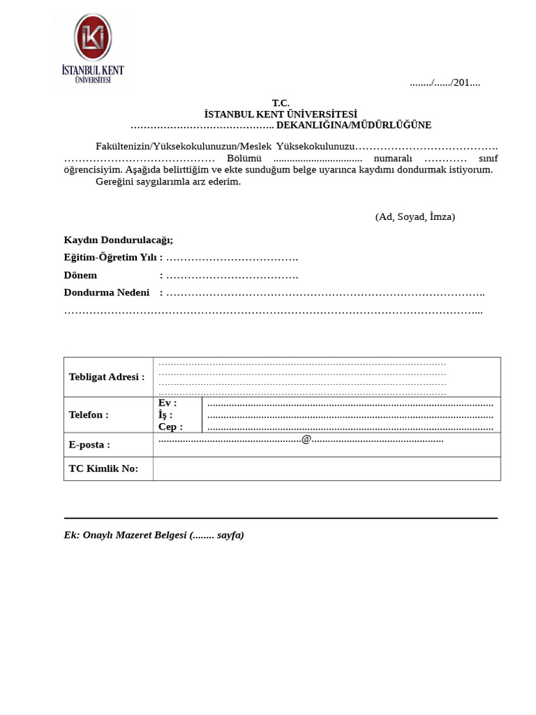 Istanbul Kent Uni Kayit Dondurma Talep Formu | PDF
