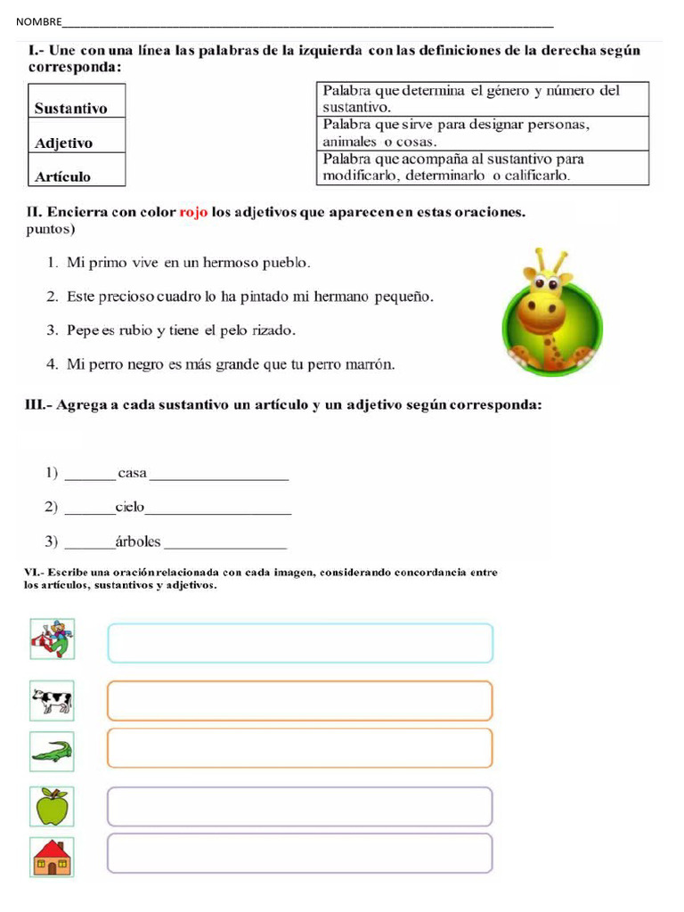 evaluacion sobre articulo, sustantivos y adjetivos | Descargar gratis ...