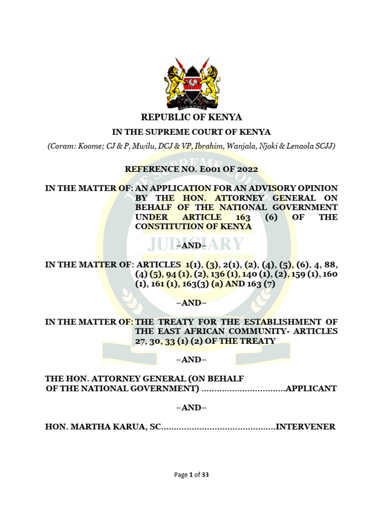 Reference Advisory No. E001 of 2022 Hon. AG Vs M. Karua | PDF | Advisory Opinion | Treaty
