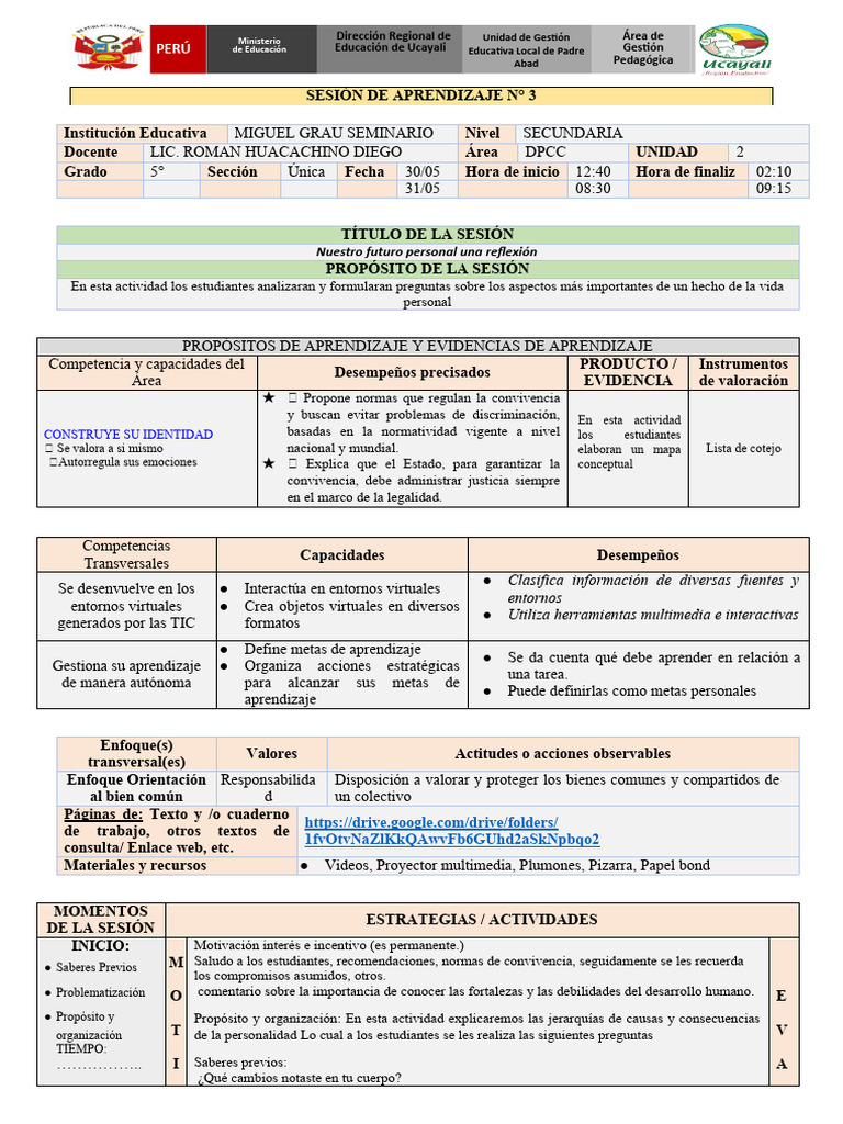 FORMATO Sesión de Aprendizaje - UGEL PADRE ABAD - 2024 DPCC 2° EDA 2 Semana 3 | PDF | Evaluación ...