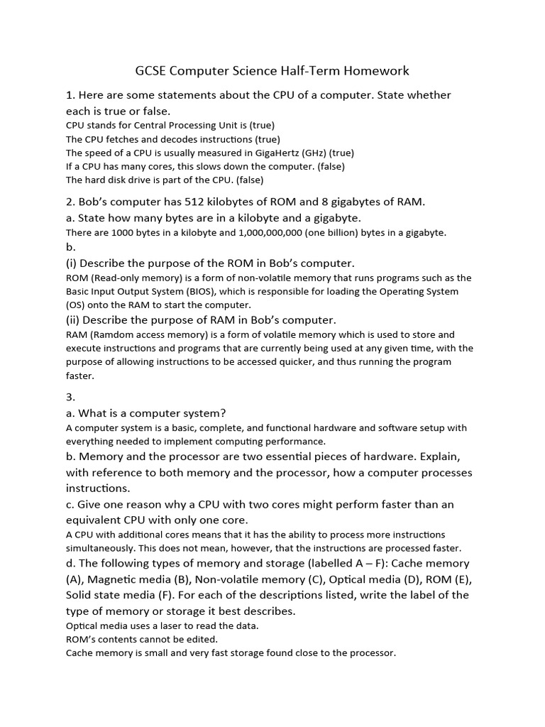 GCSE Computer Science Half-Term Homework | PDF | Computer Data Storage ...