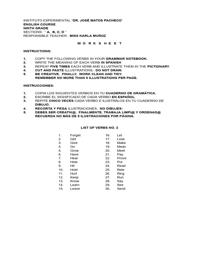 Ninth Grade English Verbs Worksheet | PDF