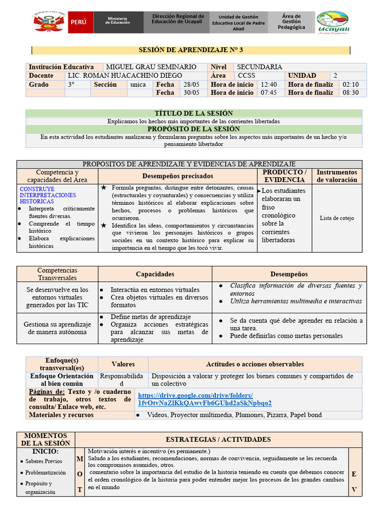FORMATO Sesión de Aprendizaje - UGEL PADRE ABAD - 2024 CCSS 3° EDA 2 Semana 3 | Descargar gratis ...