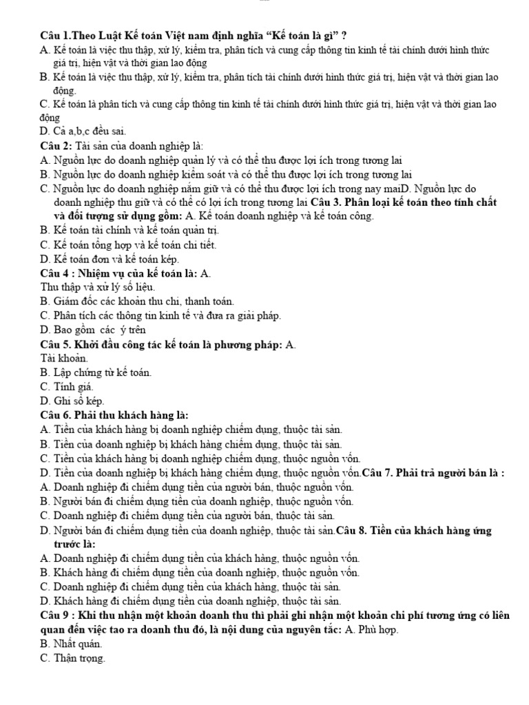 Bo Cau Hoi Trac Nghiem Hoc Phan Nguyen Ly Ke Toan 7199 | PDF