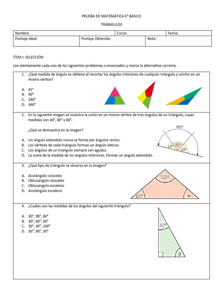 Prueba 6° | PDF | Triángulo | Formas geométricas